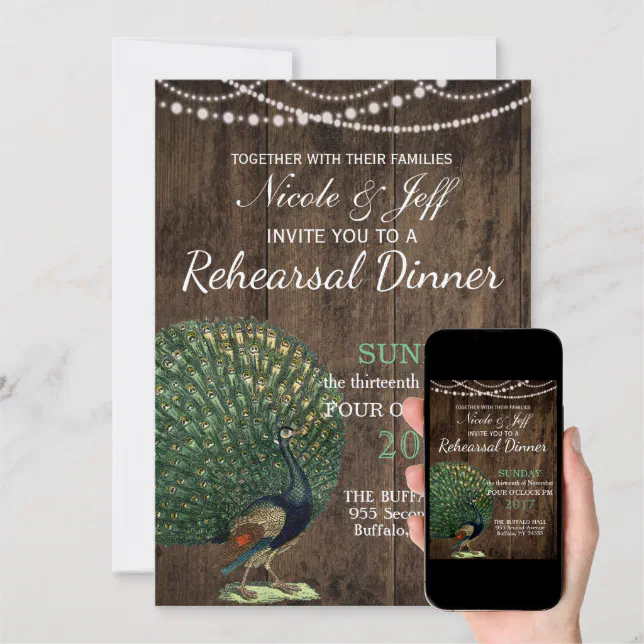 Rustic Wood Teal Feather Peacock Wedding Invitation | Zazzle