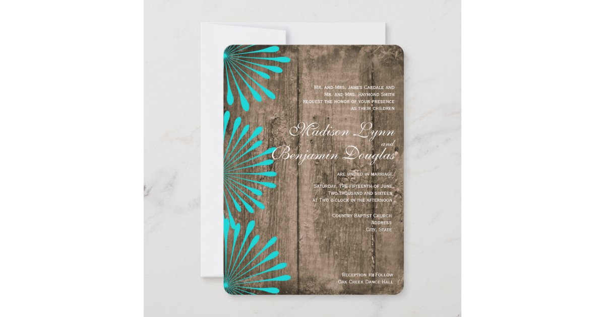 Rustic Wood Teal Flowers Wedding Invitations | Zazzle