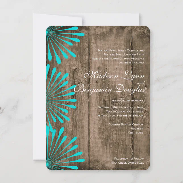 Rustic Wood Teal Flowers Wedding Invitations | Zazzle