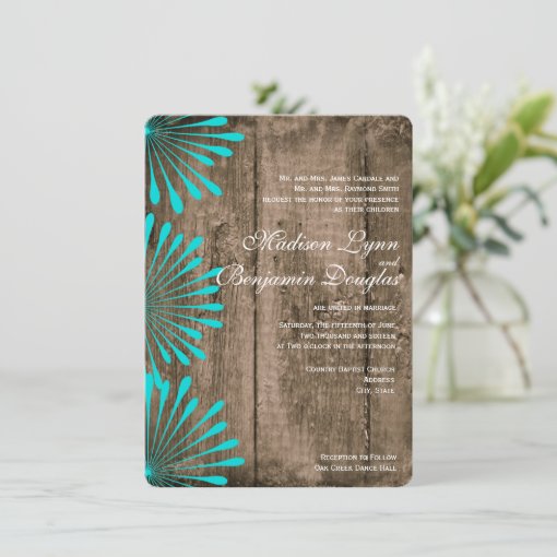 Rustic Wood Teal Flowers Wedding Invitations | Zazzle