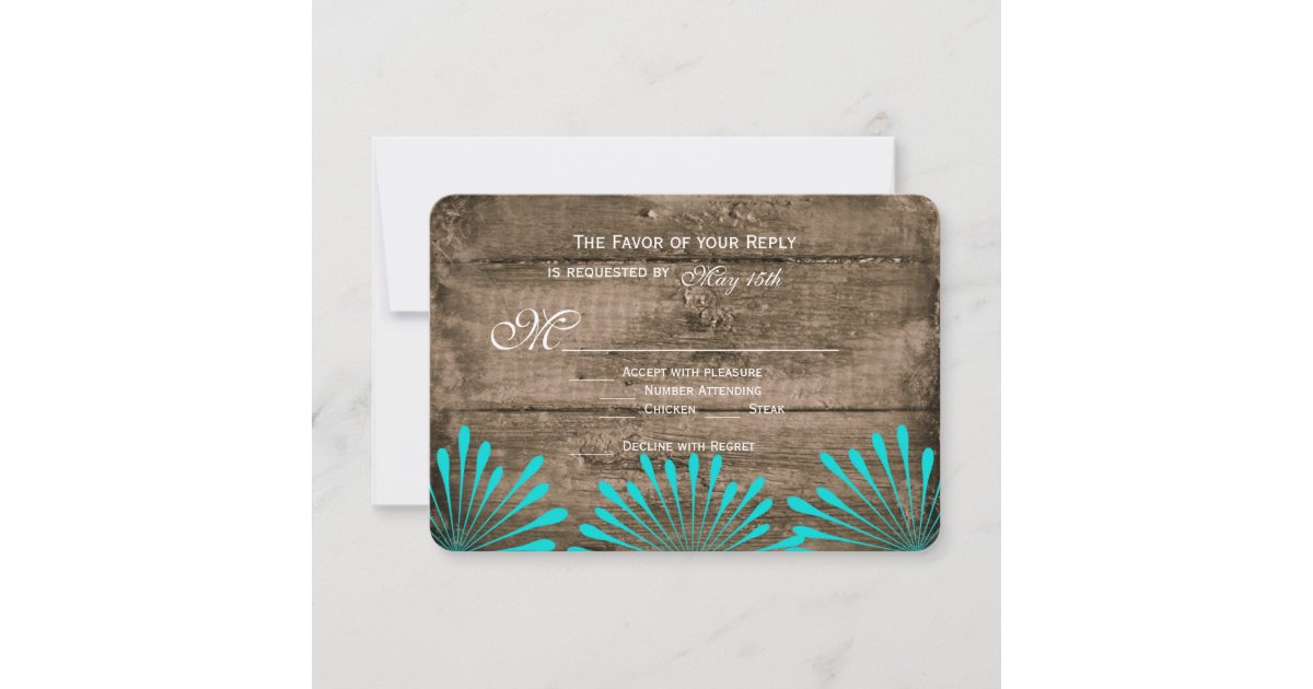 Rustic Wood Teal Flowers Wedding RSVP Cards | Zazzle