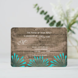 Rustic Wood Teal Flowers Wedding RSVP Cards | Zazzle