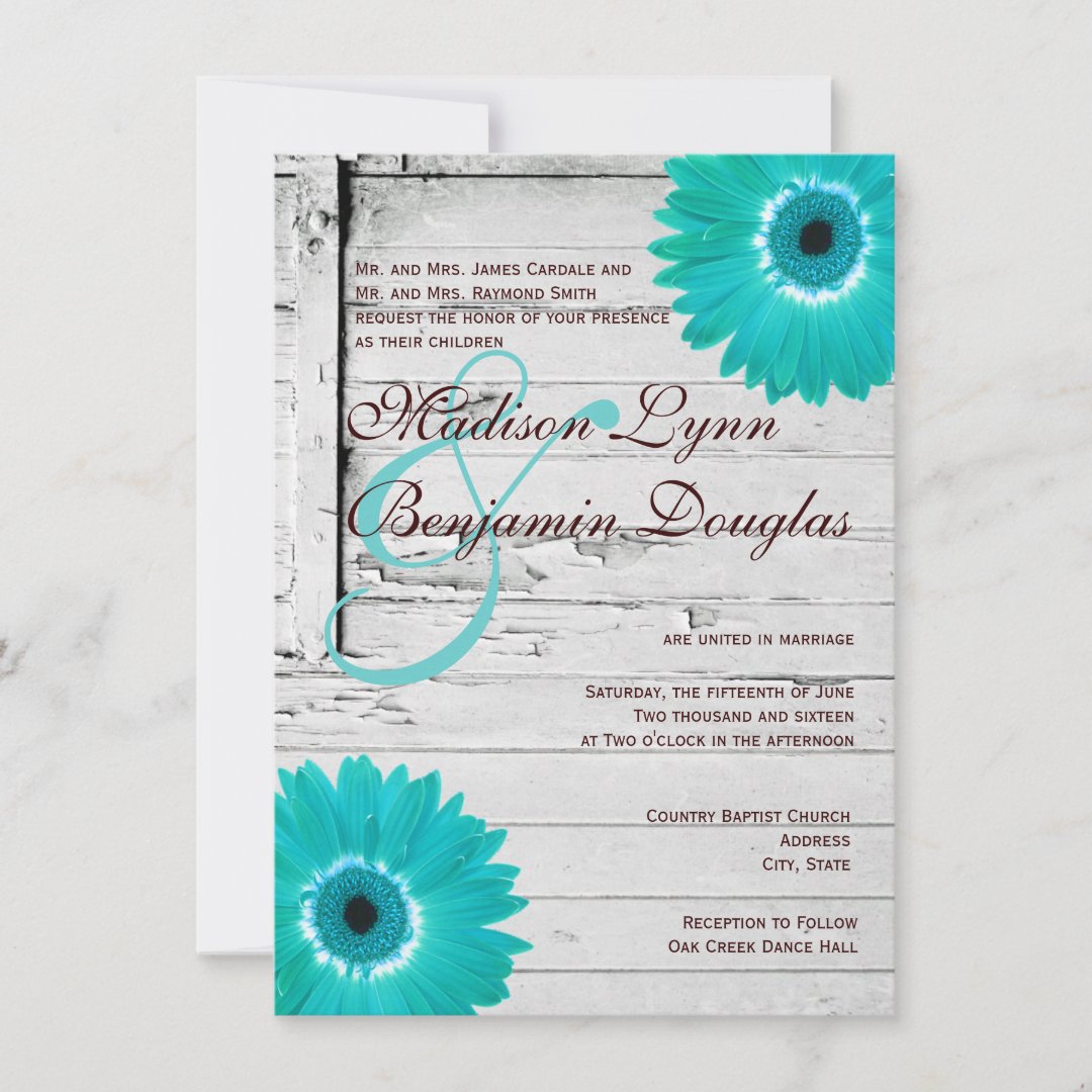 Rustic Wood Teal Gerber Daisy Wedding Invitations | Zazzle