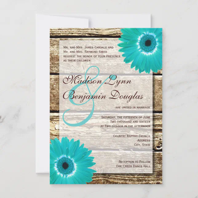 Rustic Wood Teal Gerber Daisy Wedding Invitations | Zazzle