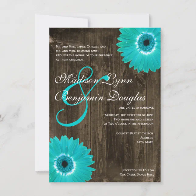 Rustic Wood Teal Gerber Daisy Wedding Invitations | Zazzle