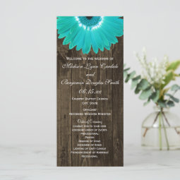 Rustic Wood Teal Gerber Daisy Wedding Programs | Zazzle