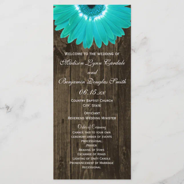 Rustic Wood Teal Gerber Daisy Wedding Programs | Zazzle