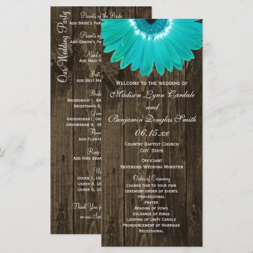 Rustic Wood Teal Gerber Daisy Wedding Programs | Zazzle