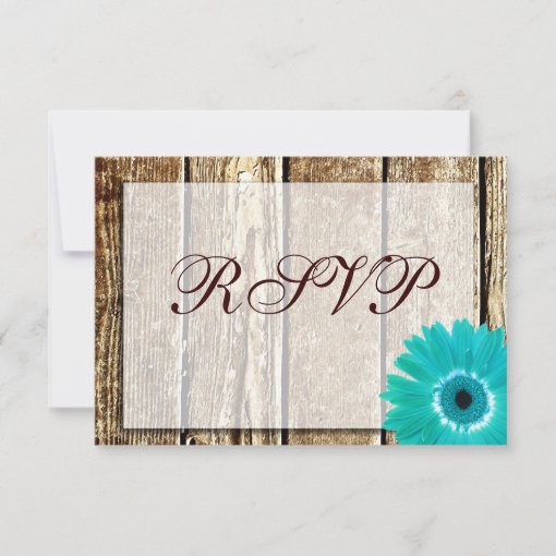 Rustic Wood Teal Gerber Daisy Wedding RSVP Cards | Zazzle