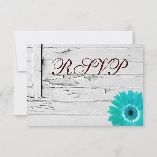 Rustic Wood Teal Gerber Daisy Wedding RSVP Cards | Zazzle
