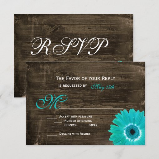Rustic Wood Teal Gerber Daisy Wedding RSVP Cards | Zazzle