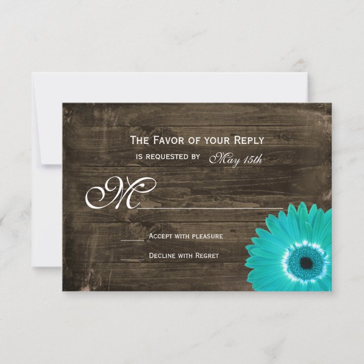 Rustic Wood Teal Gerber Daisy Wedding RSVP Cards | Zazzle