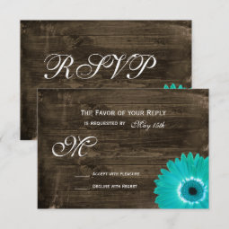 Rustic Wood Teal Gerber Daisy Wedding RSVP Cards | Zazzle