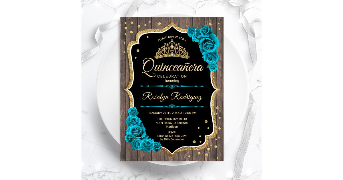 Rustic Wood Teal Gold Quinceanera Invitation | Zazzle