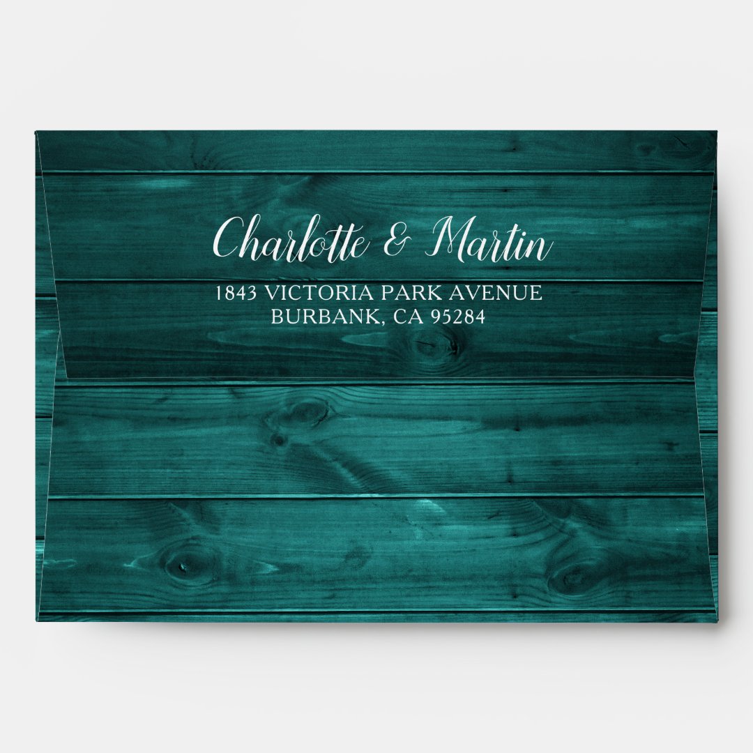 Rustic Wood Teal Wedding Envelope | Zazzle