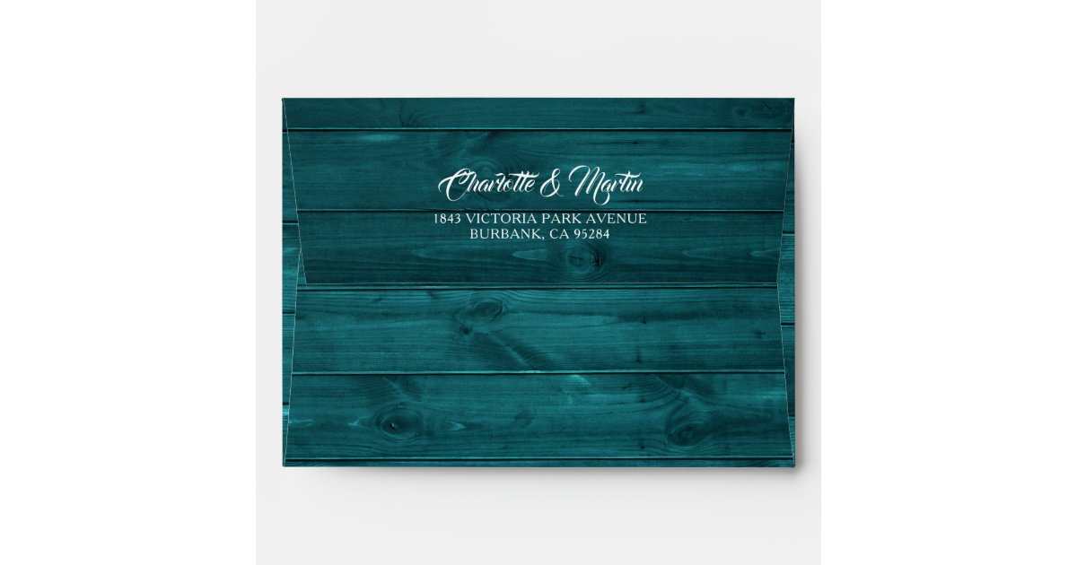 Rustic Wood Teal Wedding Envelope | Zazzle
