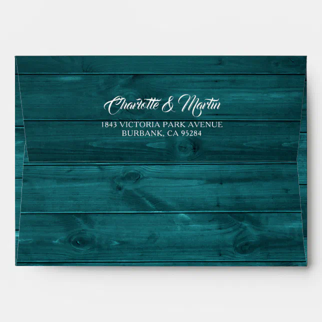 Rustic Wood Teal Wedding Envelope | Zazzle