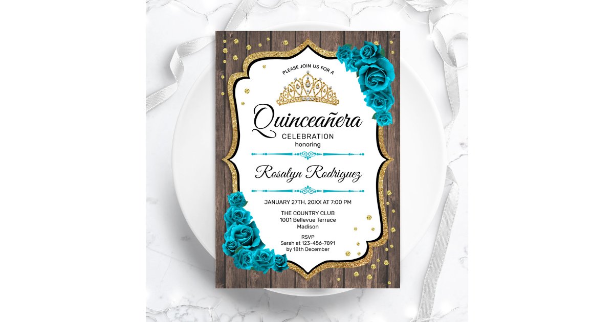 Rustic Wood Teal White Gold Quinceanera Invitation | Zazzle
