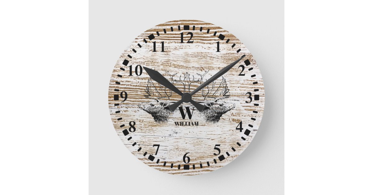 Rustic Wood Texture Deer Woodland Monogram Round Clock | Zazzle