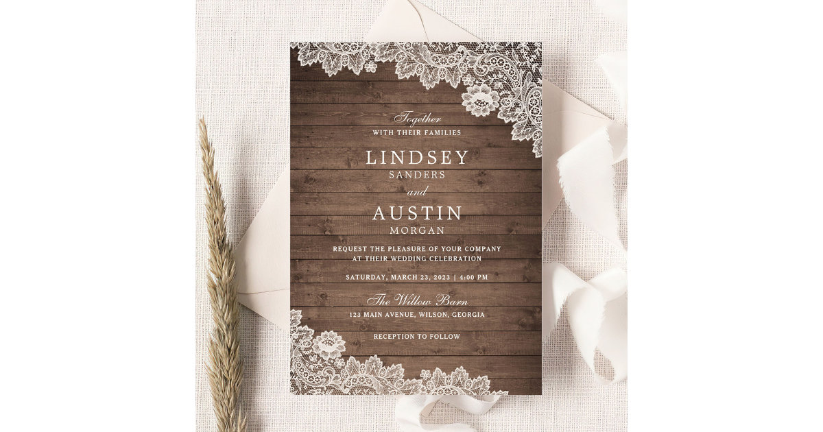 Rustic Wood Texture Lace Wedding Invitation | Zazzle