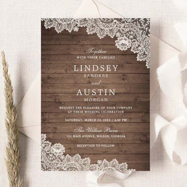 Rustic Wood Texture Lace Wedding Invitation | Zazzle