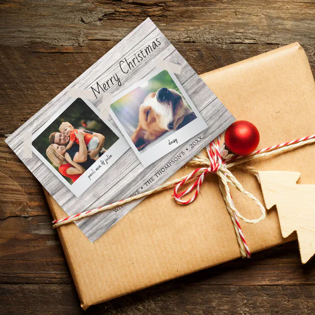 Rustic Wood Texture Photos Holiday Card | Zazzle