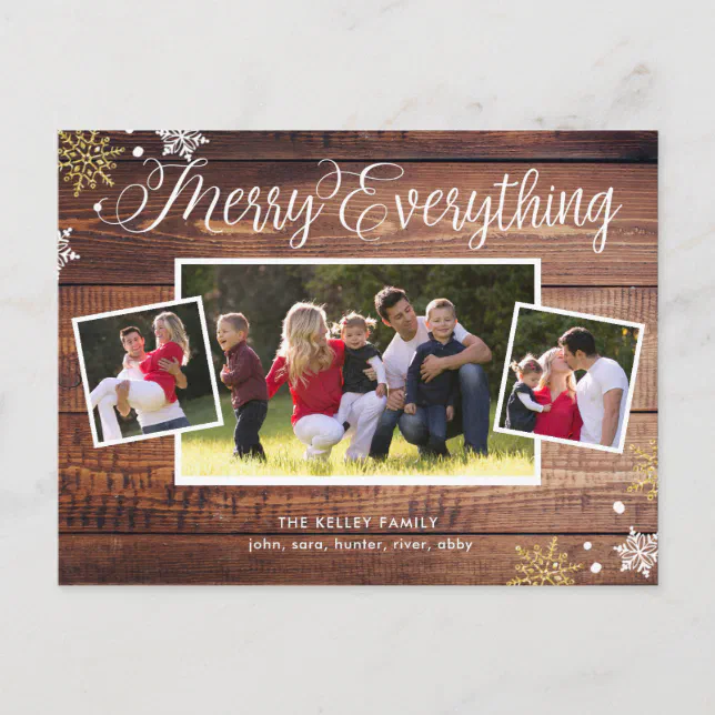 Rustic Wood Three Photo Holiday Postcard | Zazzle
