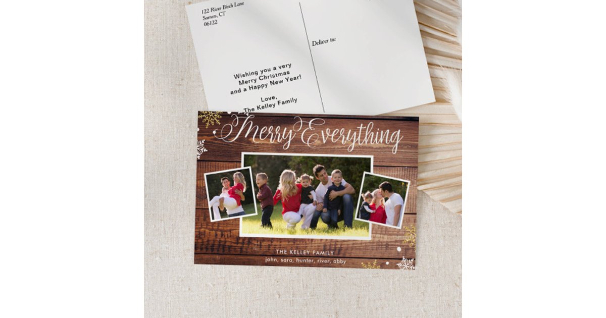 Rustic Wood Three Photo Holiday Postcard | Zazzle