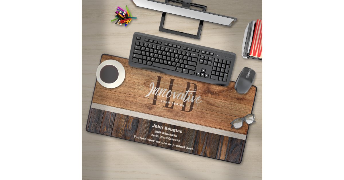 Rustic Wood Tone Business Logo Desk Mat | Zazzle