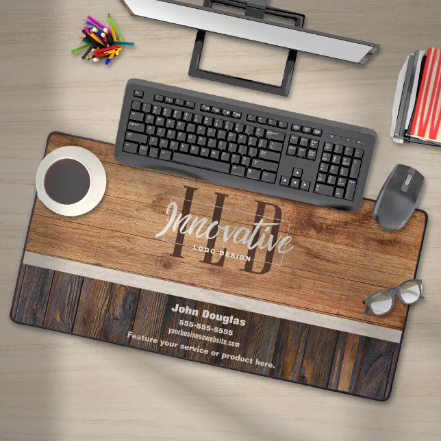 Rustic Wood Tone Business Logo Desk Mat | Zazzle