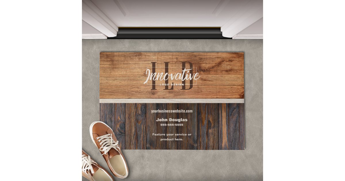 Rustic Wood Tone Business Logo Doormat | Zazzle