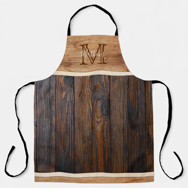 Rustic Wood Tone Classic Monogram Apron | Zazzle