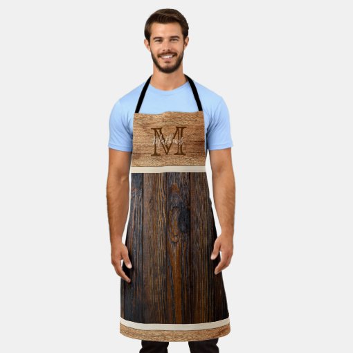 Rustic Wood Tone Classic Monogram Apron | Zazzle