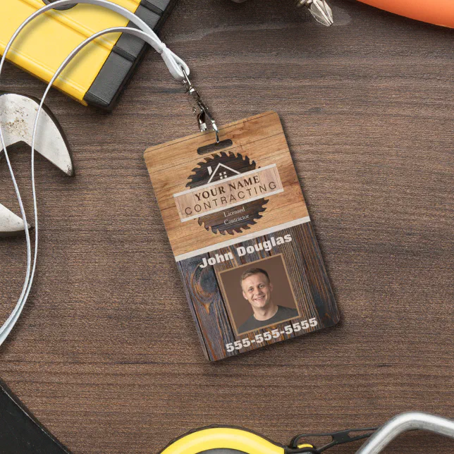 Rustic Wood Tone Contractor Logo ID Badge | Zazzle