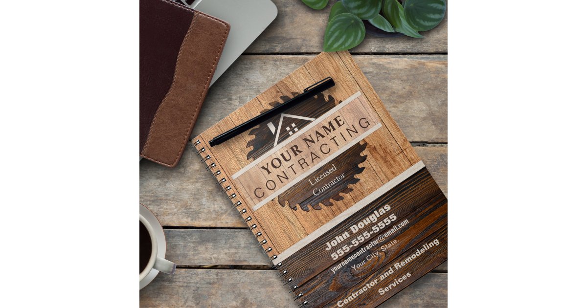 Rustic Wood Tone Contractor Logo Notebook | Zazzle