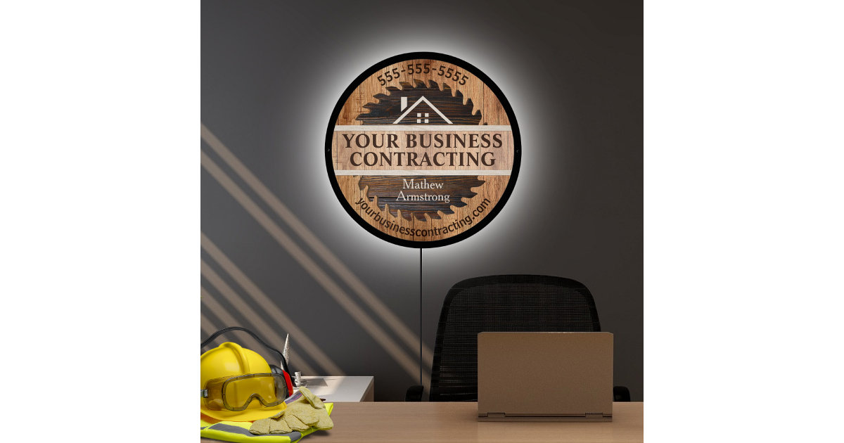 Rustic Wood Tone Custom Contractor logo LED Sign | Zazzle