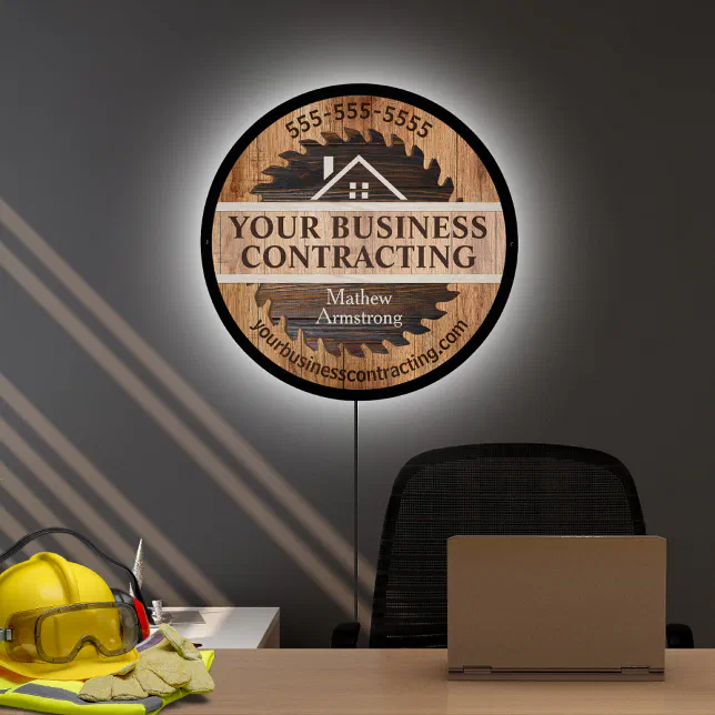 Rustic Wood Tone Custom Contractor logo LED Sign | Zazzle