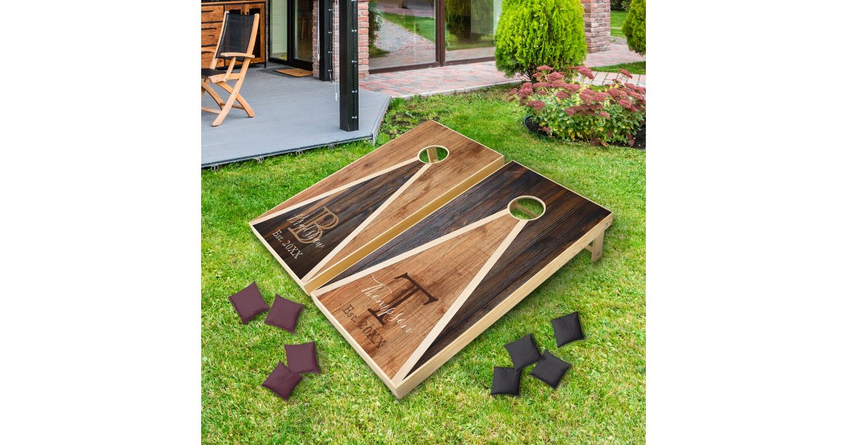 Rustic Wood Tone Dual Monogram Triangle Design Cornhole Set | Zazzle