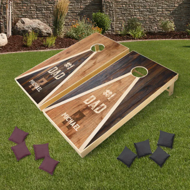 Rustic Wood Tone Monogram Dad Cornhole Set | Zazzle
