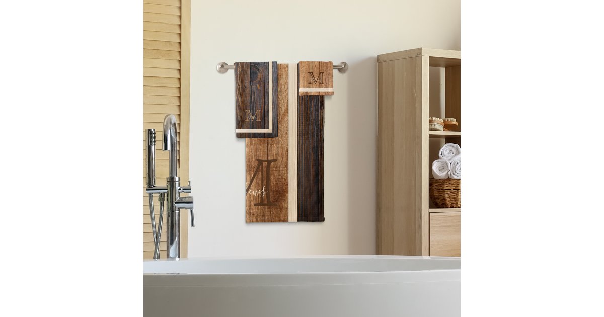 Rustic Wood Tone Monogram Stripe Bath Towel Set | Zazzle