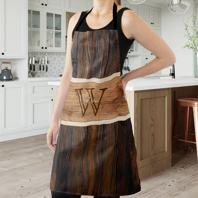 Rustic Wood Tone Monogram Stripe Horizontal Apron | Zazzle