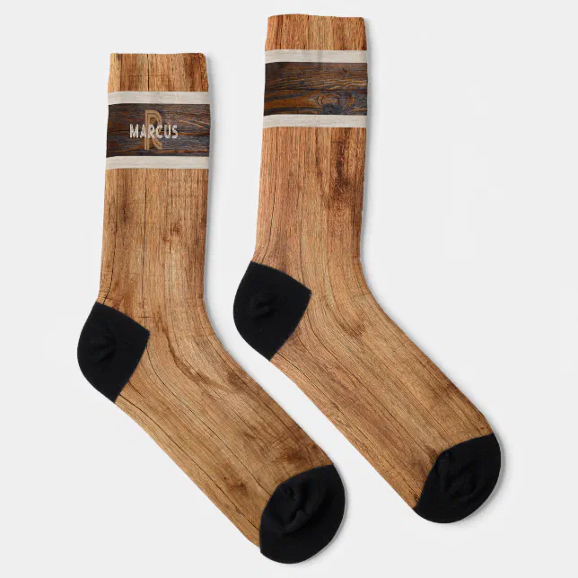 Rustic Wood Tone Monogram Tan and Brown Socks | Zazzle
