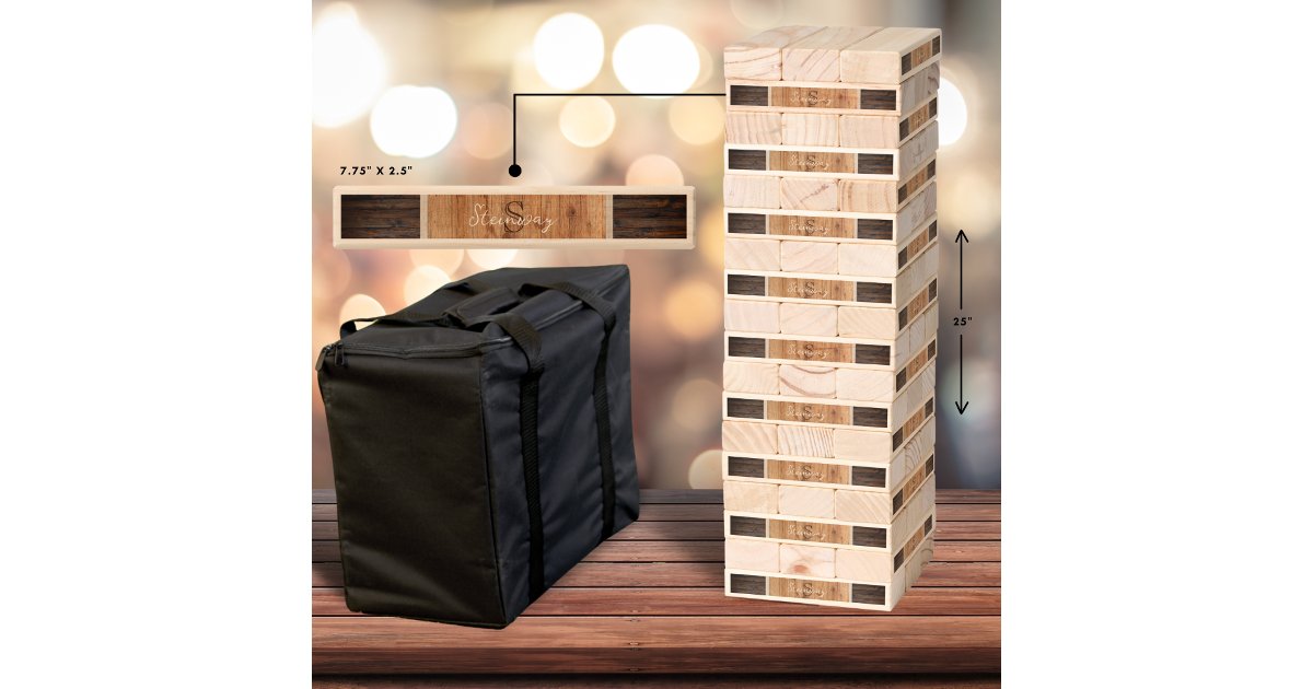 Rustic Wood Tone Monogram Topple Tower | Zazzle