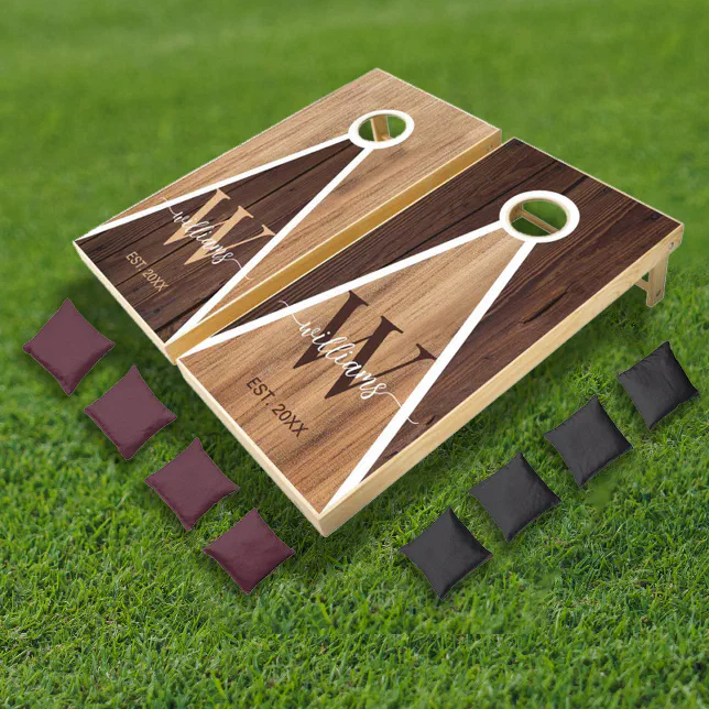 Rustic Wood Tone Monogram Triangle Design Cornhole Set | Zazzle