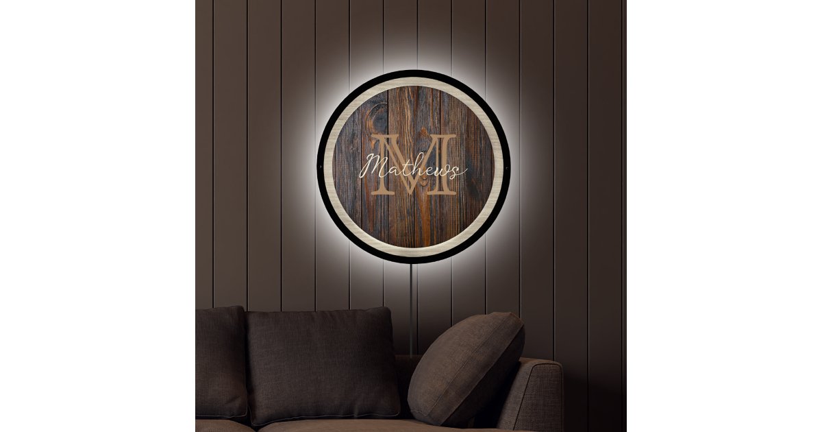 Rustic Wood Tone Stripe Brown Monogram LED Sign | Zazzle