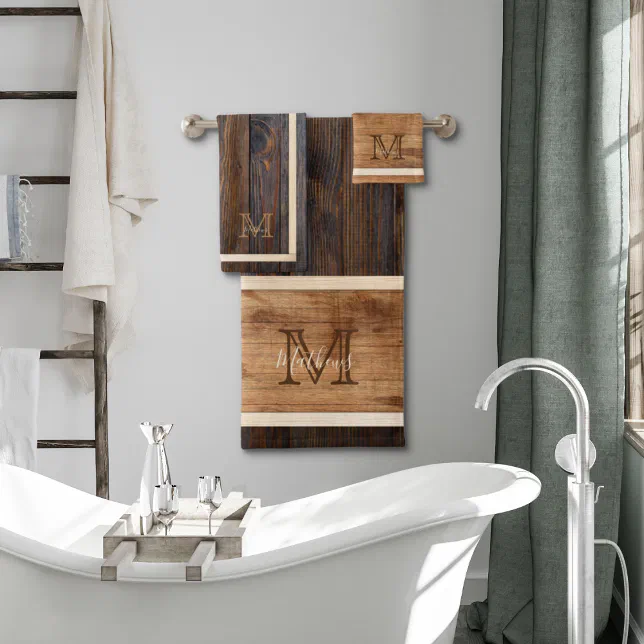 Rustic Wood Tone Stripe Monogram Bath Towel Set | Zazzle