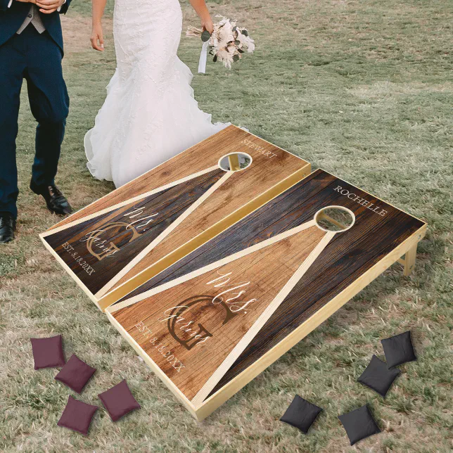 Rustic Wood Tone Triangle Wedding Mr Mrs Cornhole Set | Zazzle