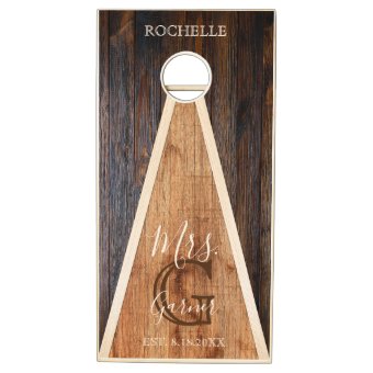 Rustic Wood Tone Triangle Wedding Mr Mrs Cornhole Set | Zazzle