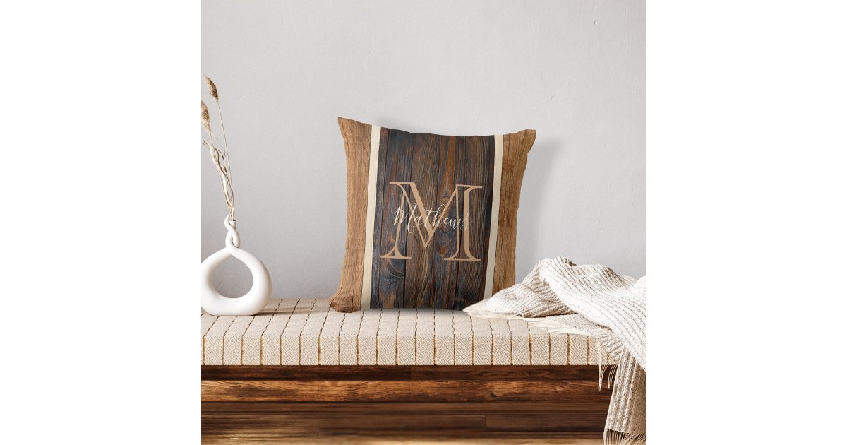 Rustic Wood Tones Stripe Monogram Throw Pillow | Zazzle