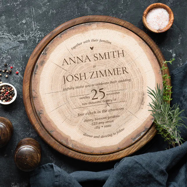 Rustic Wood Tree Stump Cross-Section Barn Wedding Invitation | Zazzle